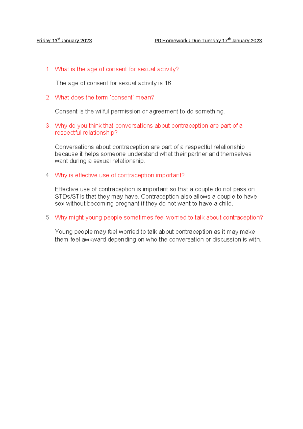 PD Homework: Understanding Consent and Contraception (Due 17th Jan ...