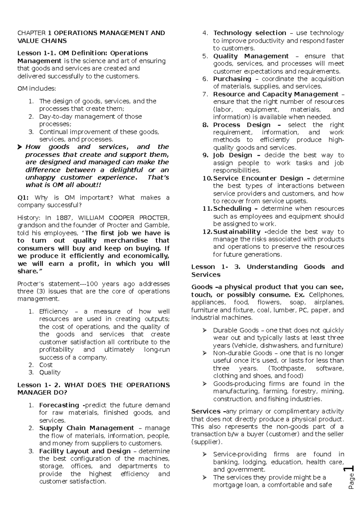Operations Management (OM) Notes: Chapter 1 & 2 Insights - Studocu