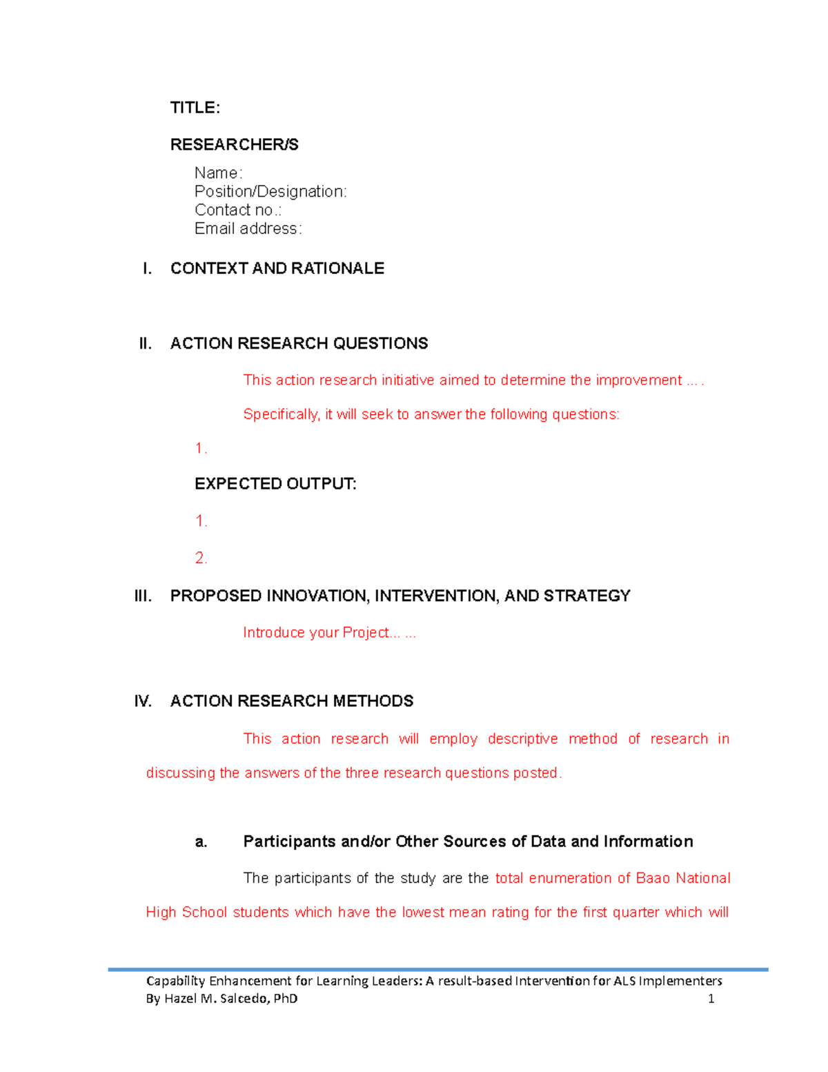 Action- Research Template - TITLE: RESEARCHER/S Name: Position ...