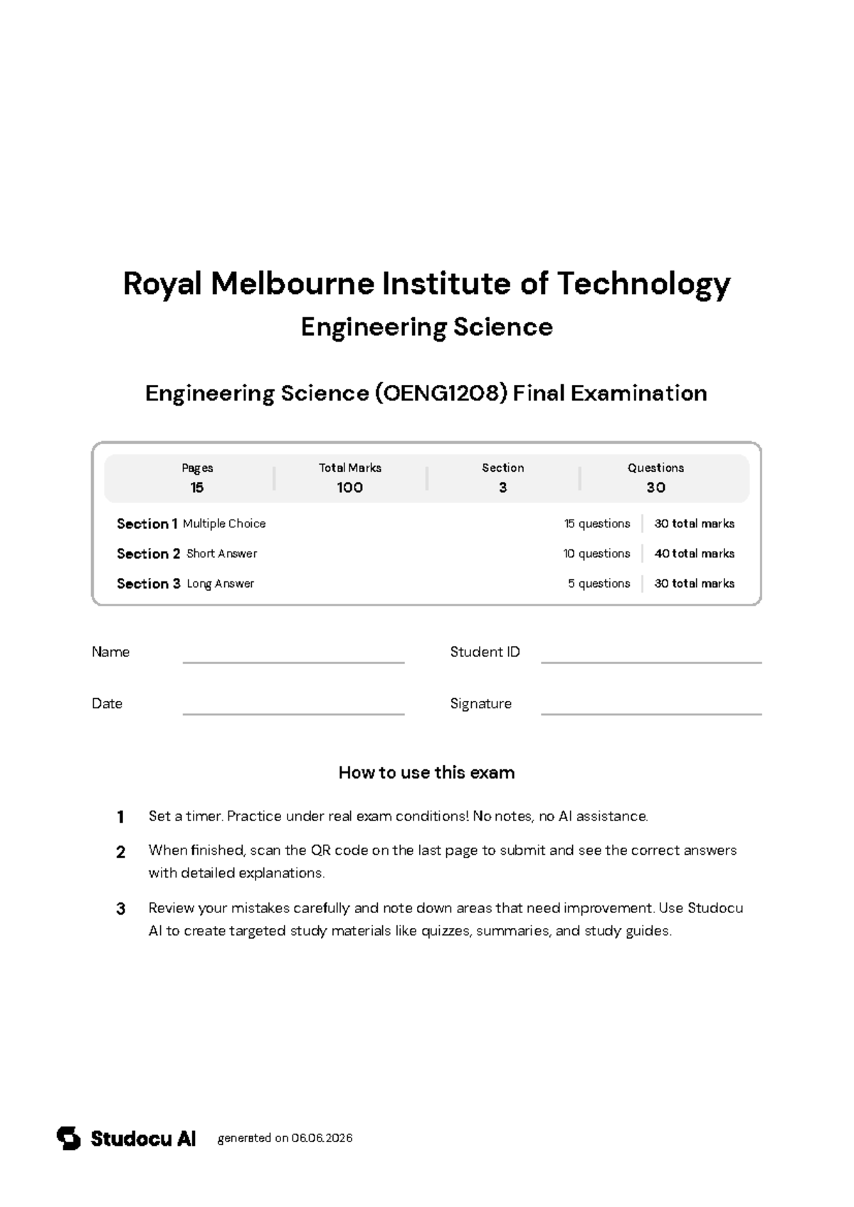 OENG1208 Final Exam: Engineering Science Overview - Studocu