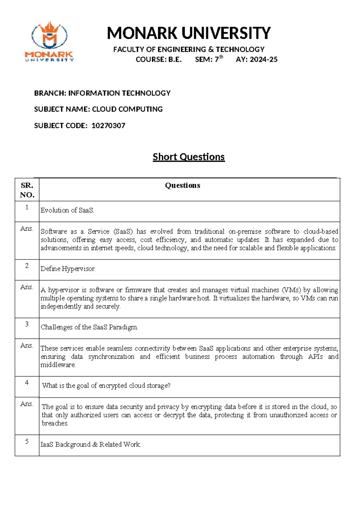 BE CE IT Sem-7 10270307 Cloud Computing Short Questions - MONARK ...