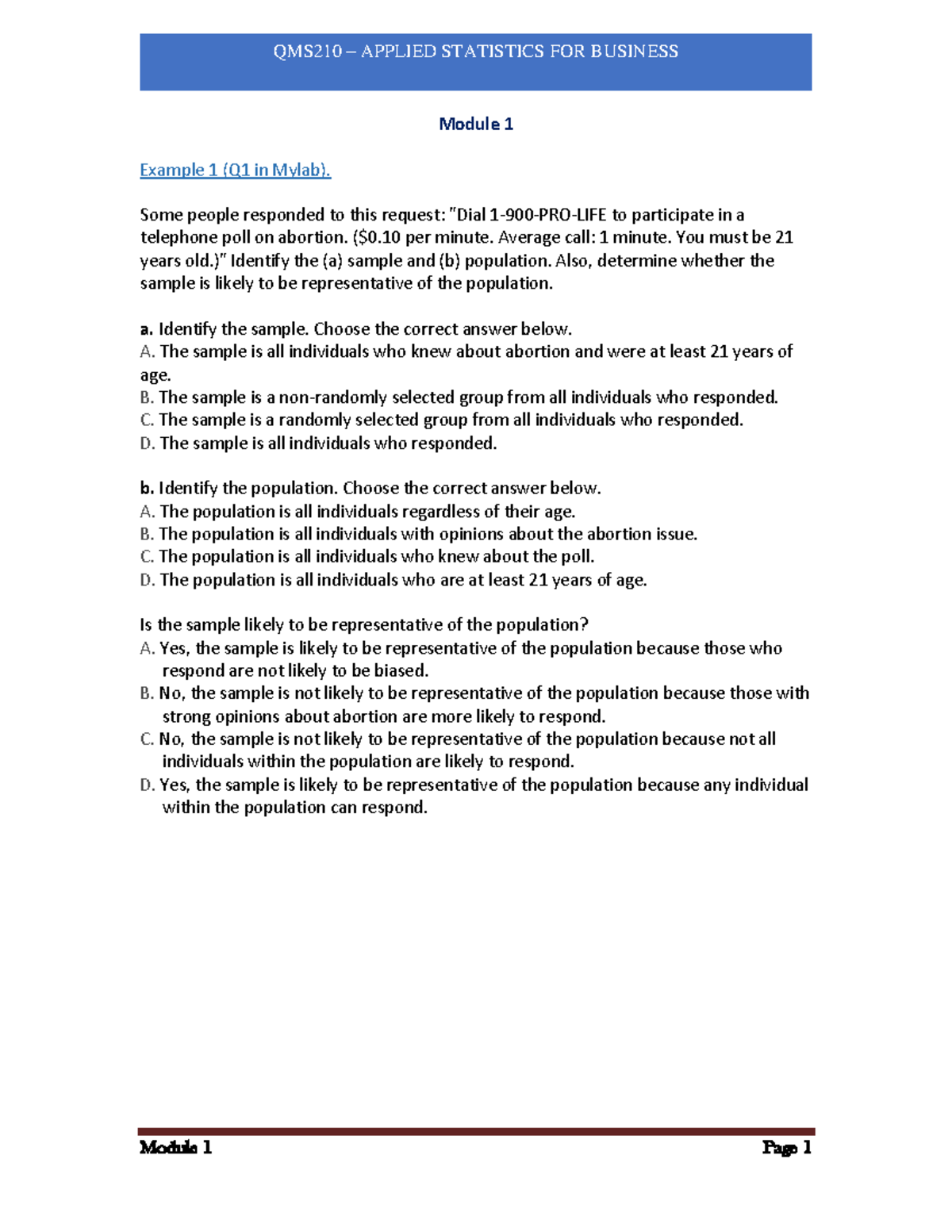 QMS210 Module 1 - Tutorial - Module 1 Example 1 (Q1 in Mylab). Some people responded to this ...