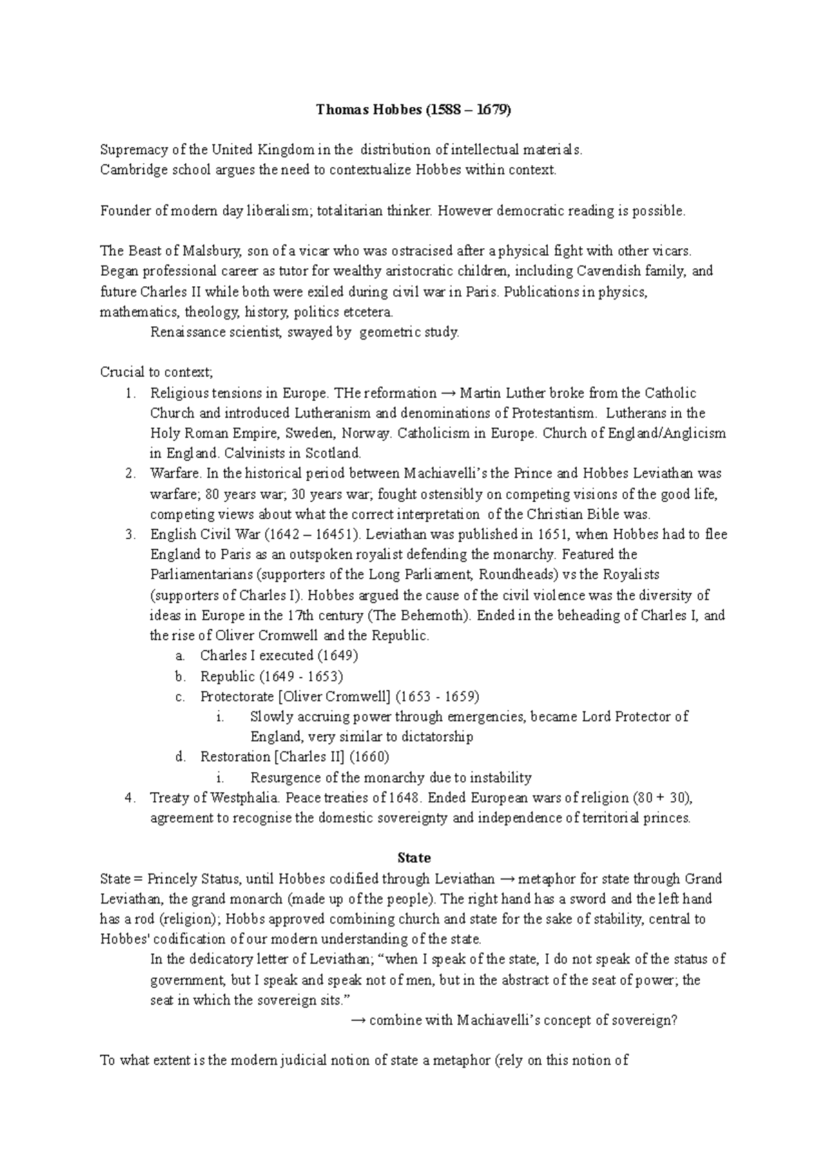 POLS2119 - Thomas Hobbes: The Leviathan and Modern State Theory - Studocu