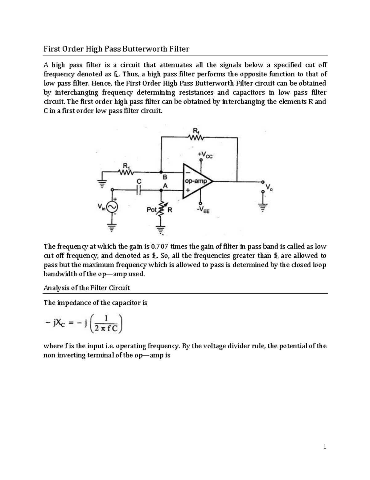 First Order High Pass Butterworth Filter Analysis and Design - Studocu