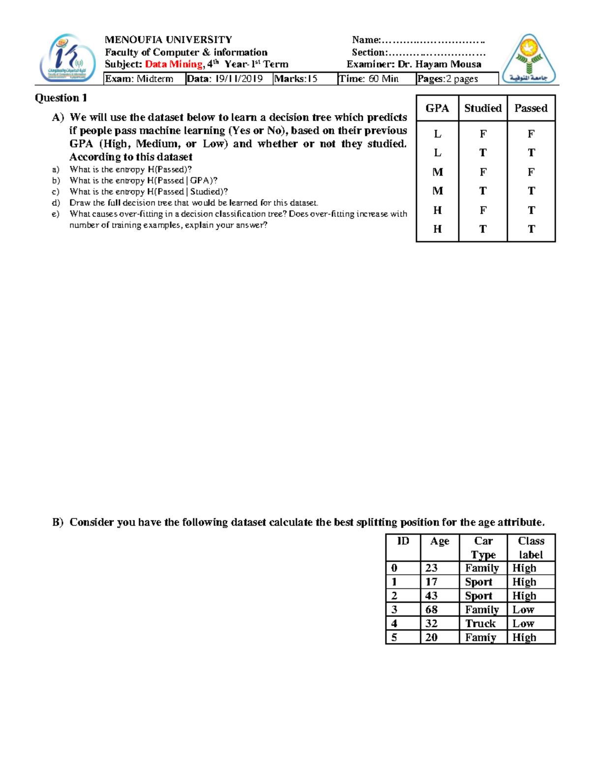 Midterm Exam 2019 - Data Mining (4th Year, 1st Term) - Studocu