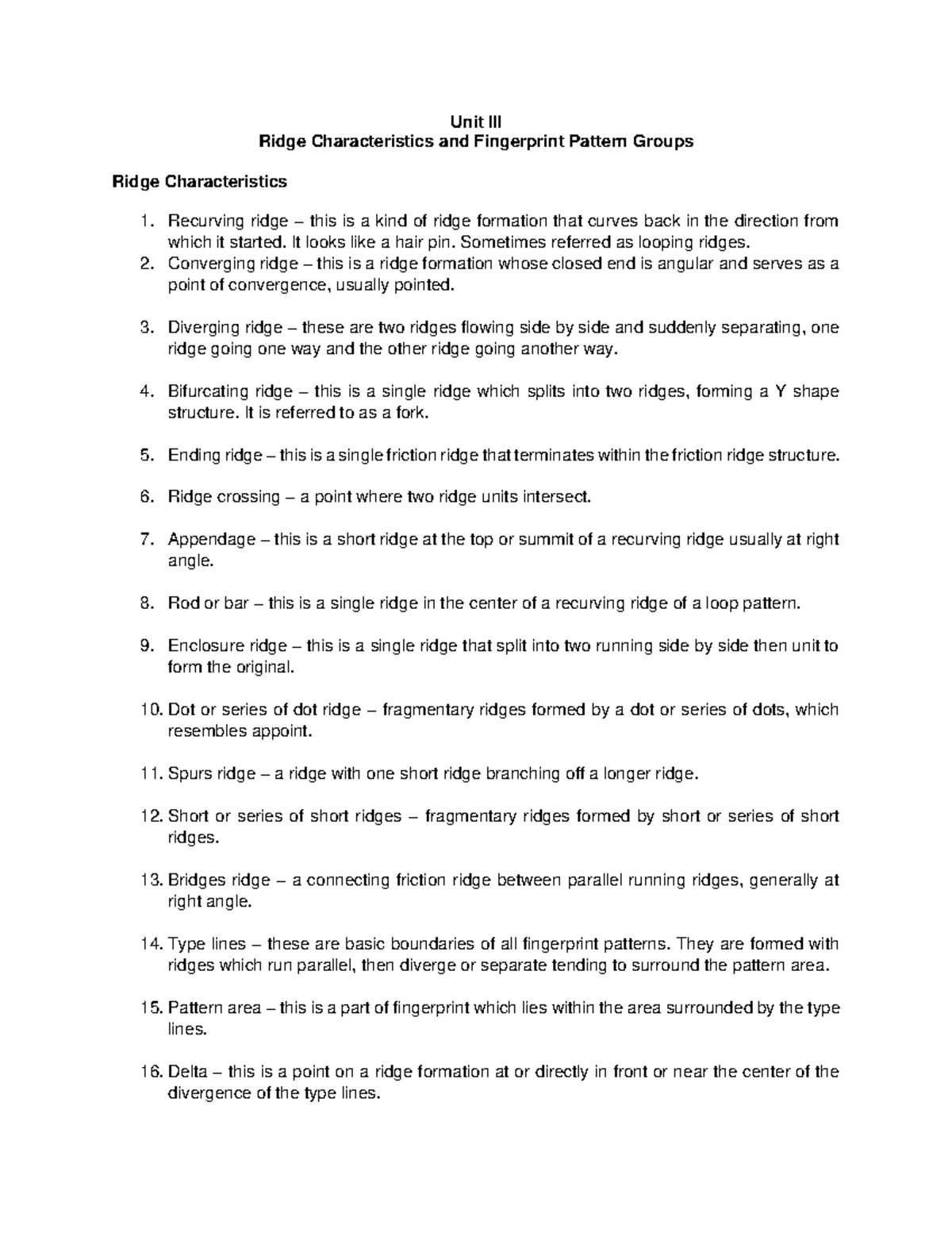 Unit III Ridge Characteristics & Fingerprint Patterns - PIT - Studocu