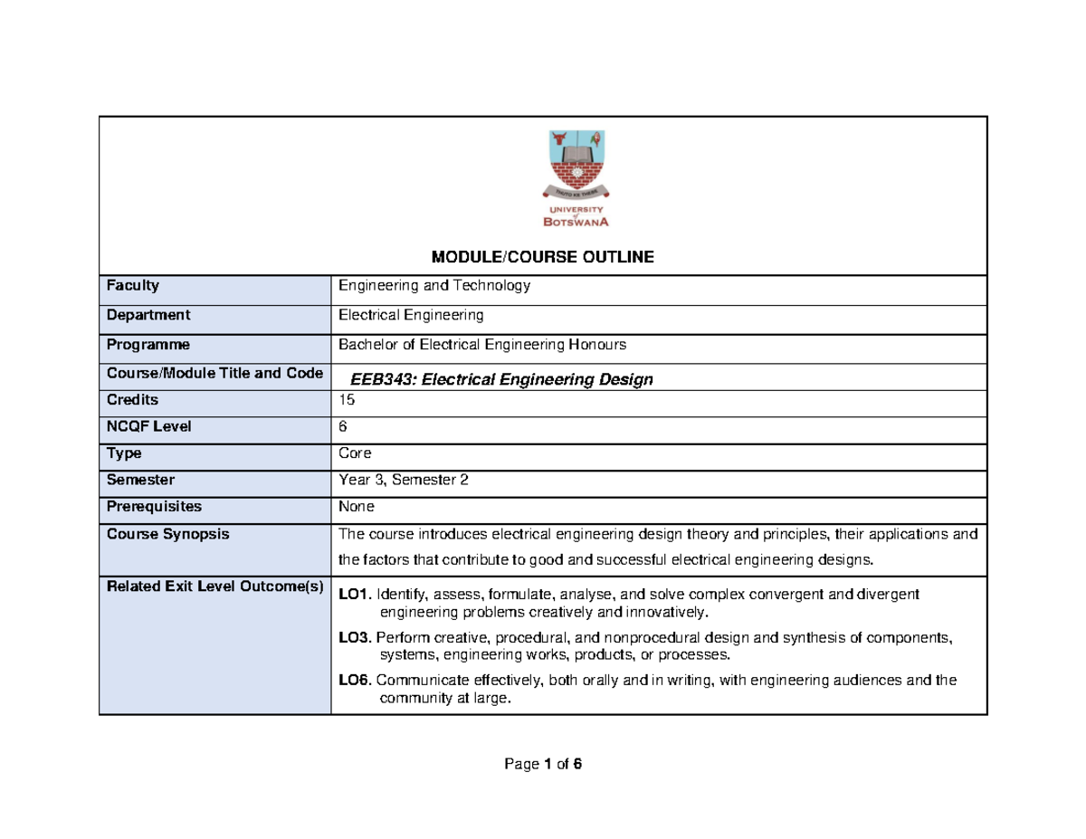 EEB343: Electrical Engineering Design Learning Outcomes and Assessment ...