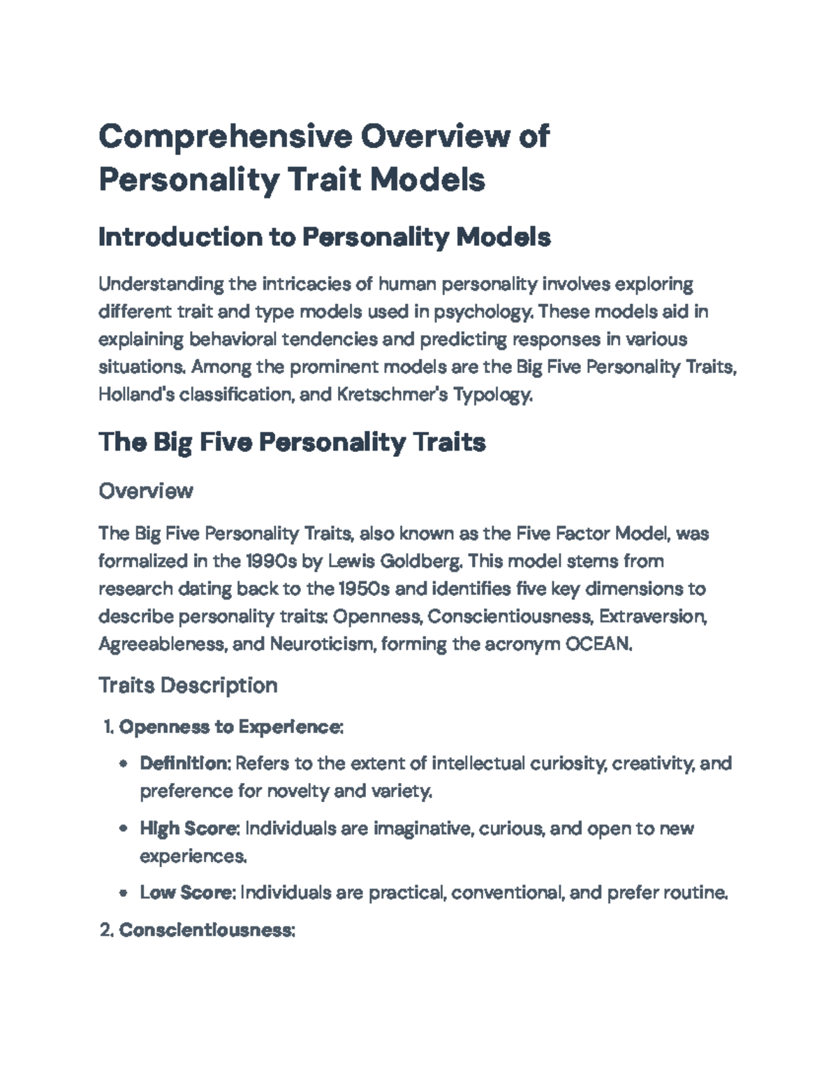 Comprehensive Overview of Personality Trait Models and Theories ...