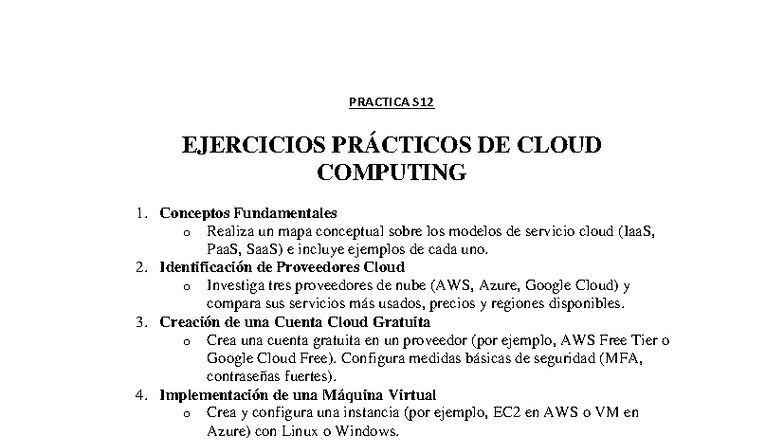 Práctica S12: Ejercicios de Cloud Computing y Modelos de Servicio - Studocu