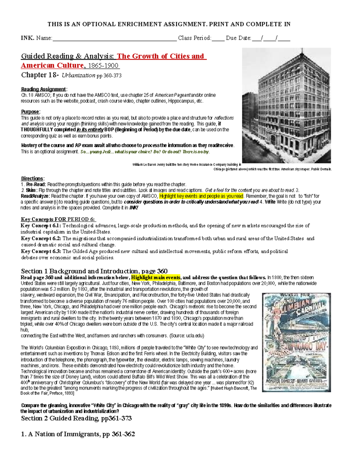Chapter 18 reading guide: The growth of cities and American culture ...