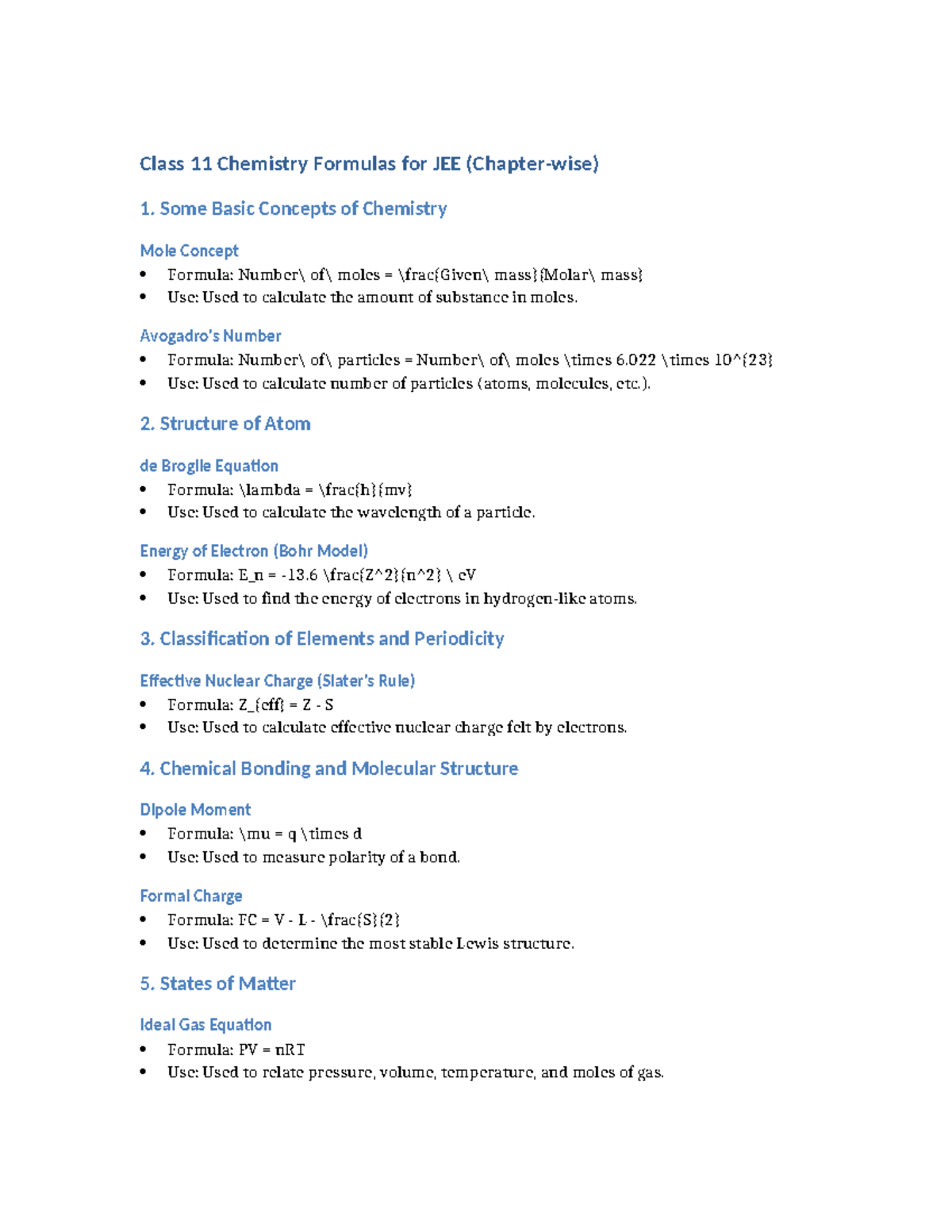 Class 11 Chemistry Formulas for JEE: Key Concepts and Equations - Studocu