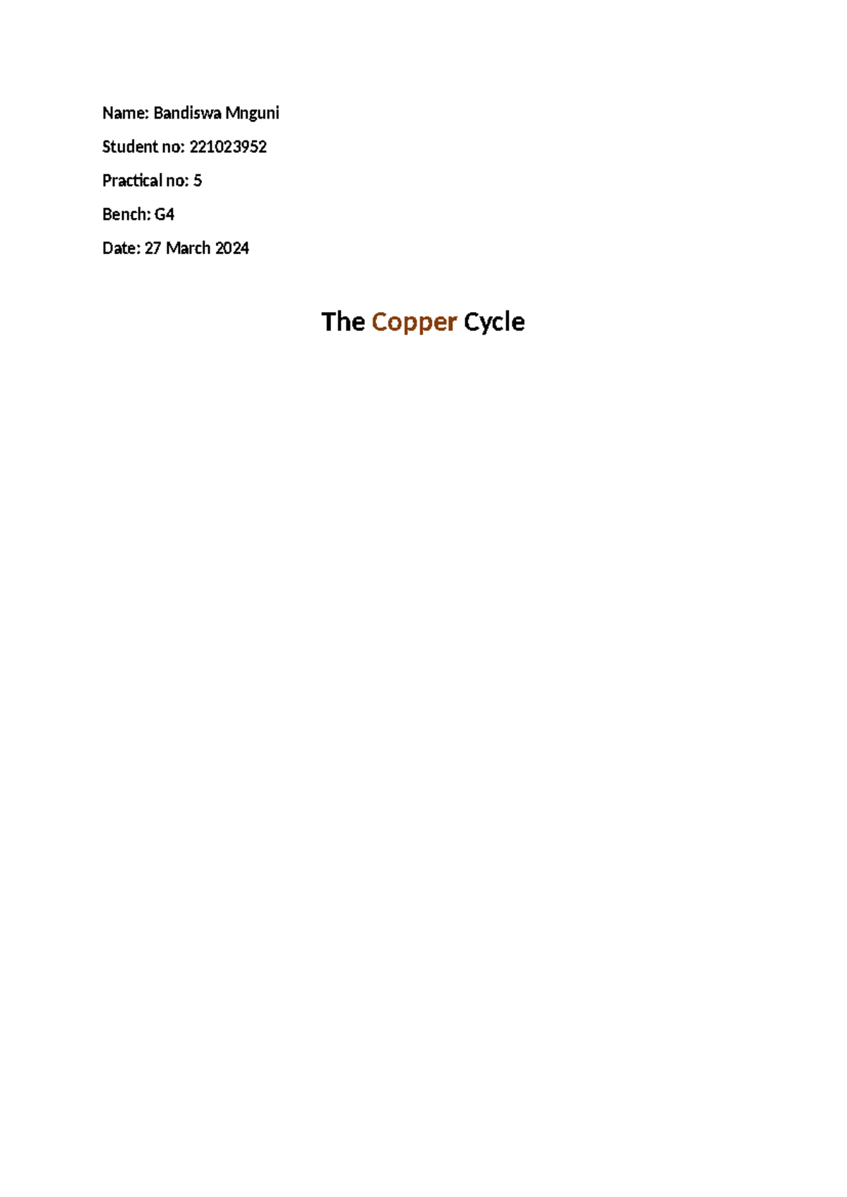 Chem210 Practical 5: The Copper Cycle Experiment Report - Studocu