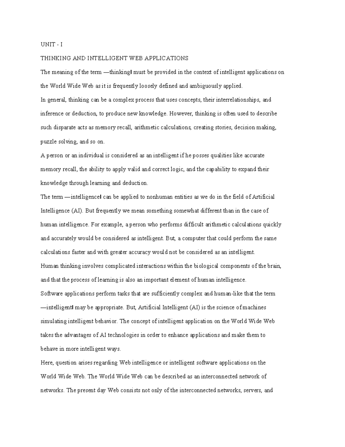 SNSW UNIT I - Lecture Notes on Thinking and Intelligent Web ...