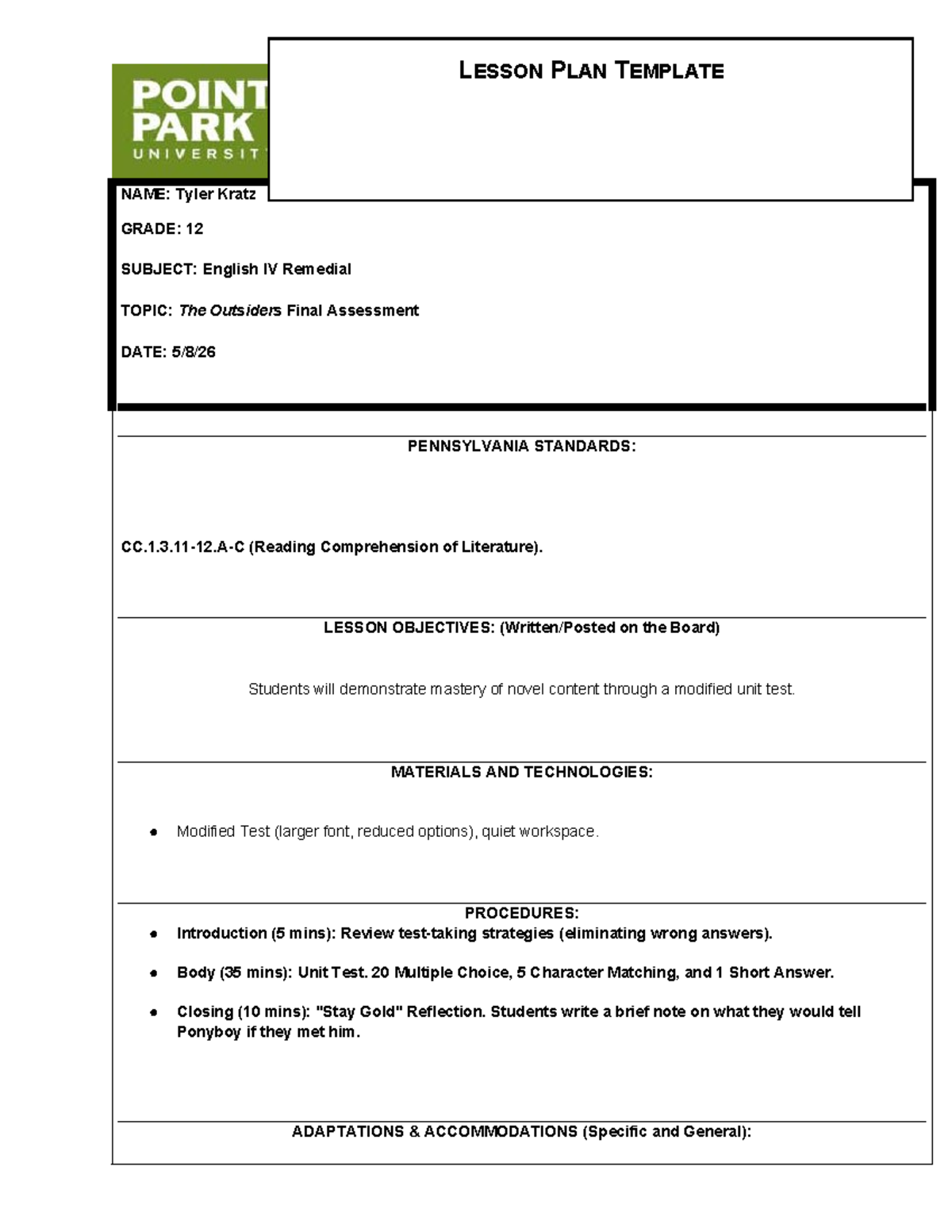 English IV Remedial Lesson Plan: The Outsiders Final Assessment - Studocu