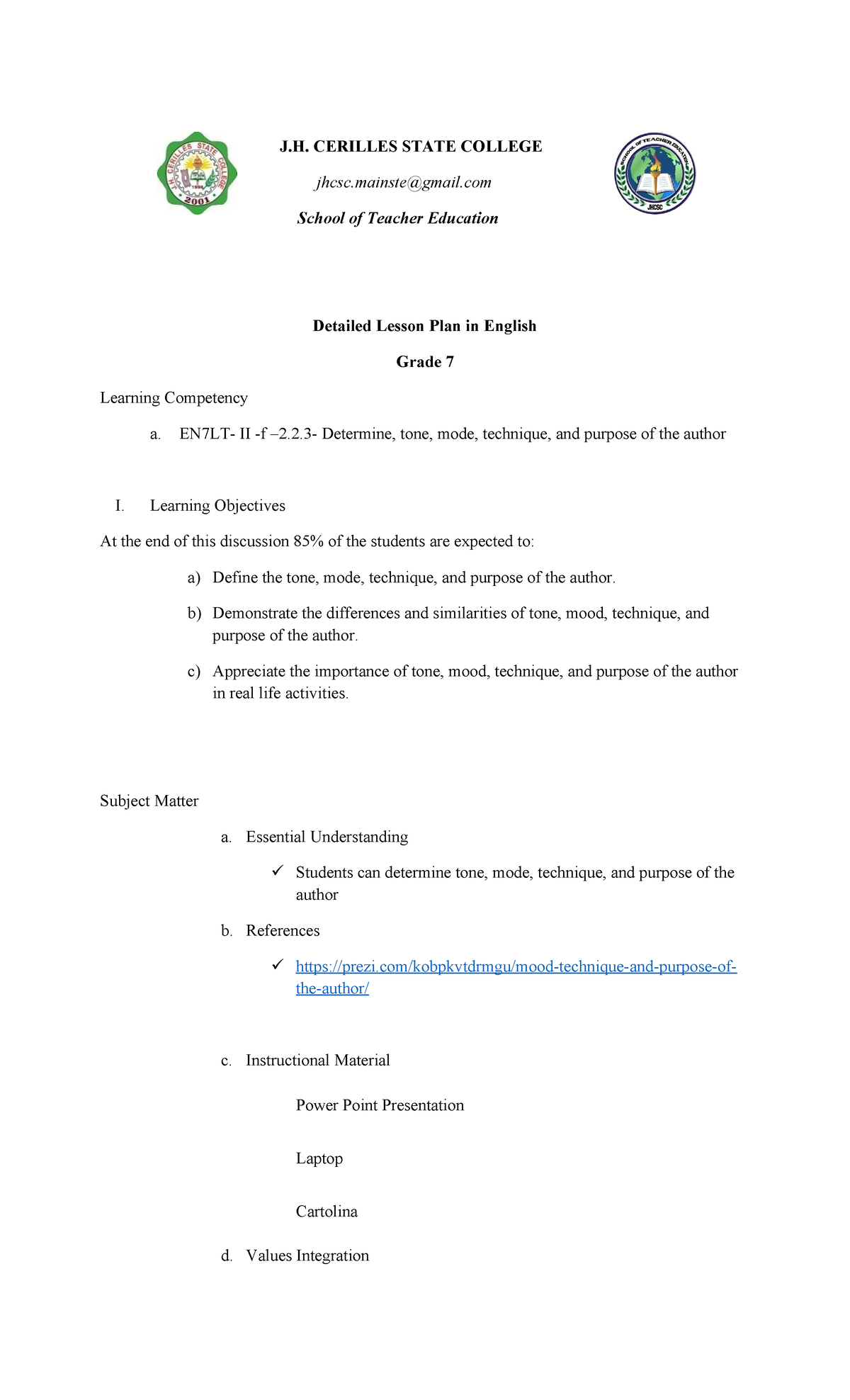 Detailed Lesson Plan in English for Grade 7: Tone, Mood, Technique, and Purpose - Studocu