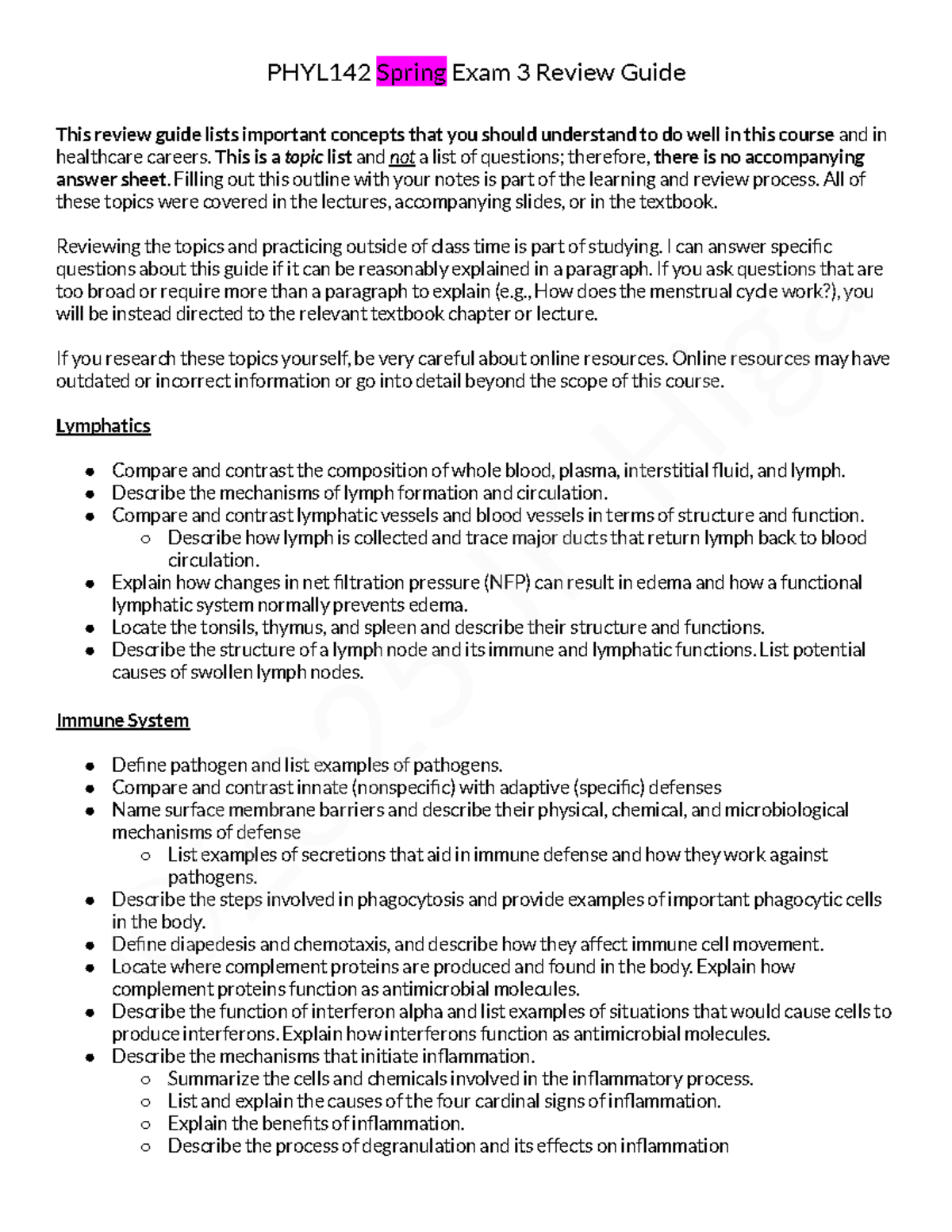 PHYL142 Spring 2025 Exam 3 Review Guide: Key Topics in Human Anatomy ...