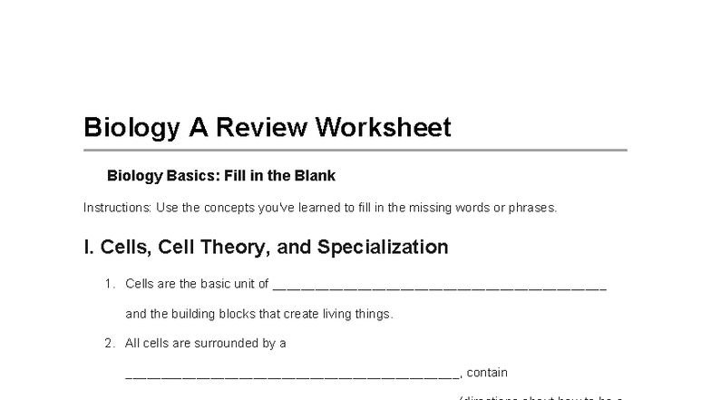 Biology 101: Review Worksheet on Cells, Homeostasis & Scientific Method ...
