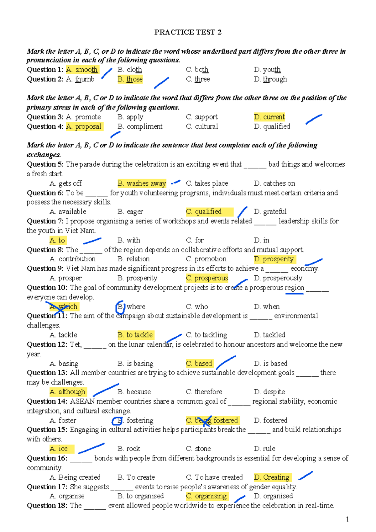 PRACTICE TEST 2: Pronunciation and Stress Patterns in English - Studocu