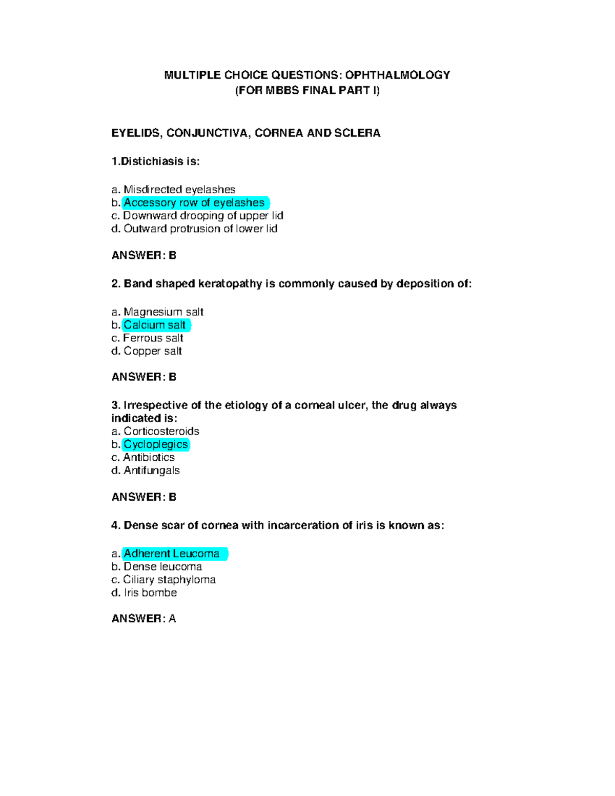 MCQs on Ophthalmology for MBBS Final Part I Examination - Studocu