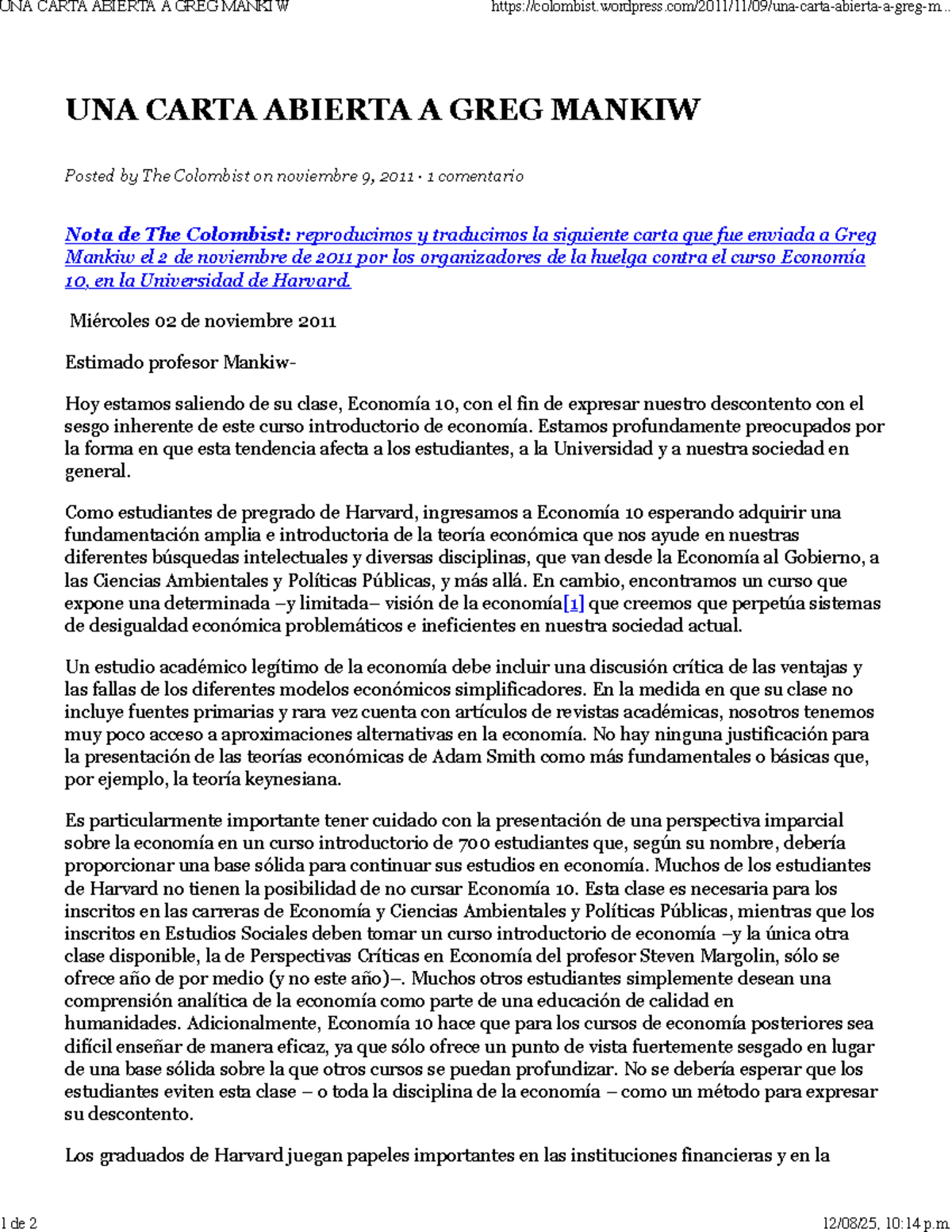 Carta Abierta a Greg Mankiw sobre Economía 10 - 2011 - Studocu