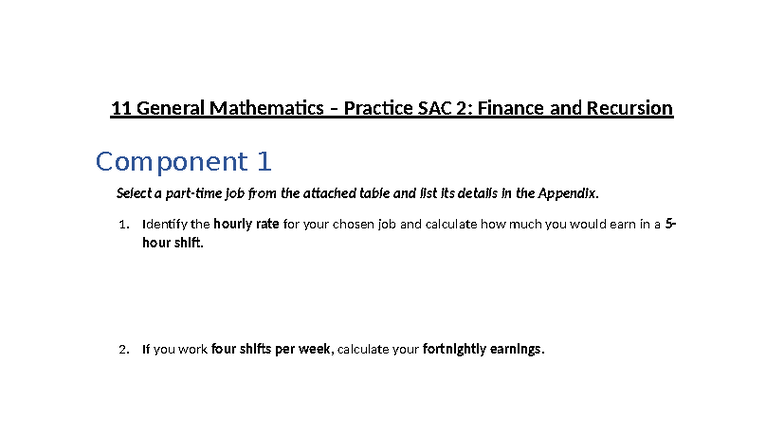 11 General Mathematics Practice SAC 2: Finance & Recursion Analysis ...