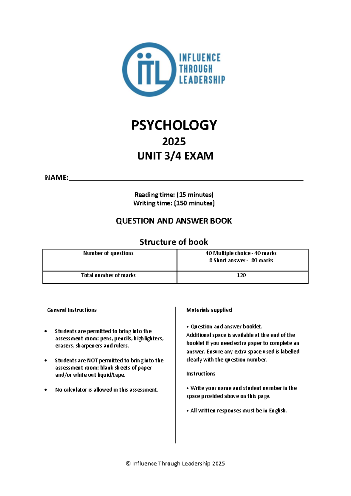 2025 PSYCHOLOGY UNIT 3&4 END OF YEAR EXAM QUESTIONS & ANSWERS - Studocu