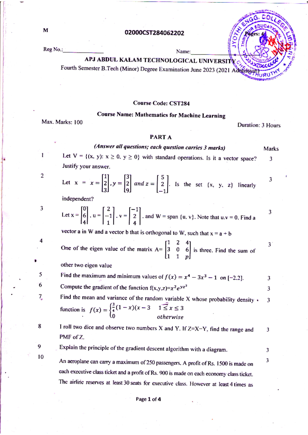 CST284 Final Exam Mathematics for Machine Learning, June 2023 - Studocu