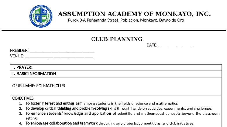CLUB PLANNING DOCUMENT - ASSUMPTION ACADEMY - Studocu
