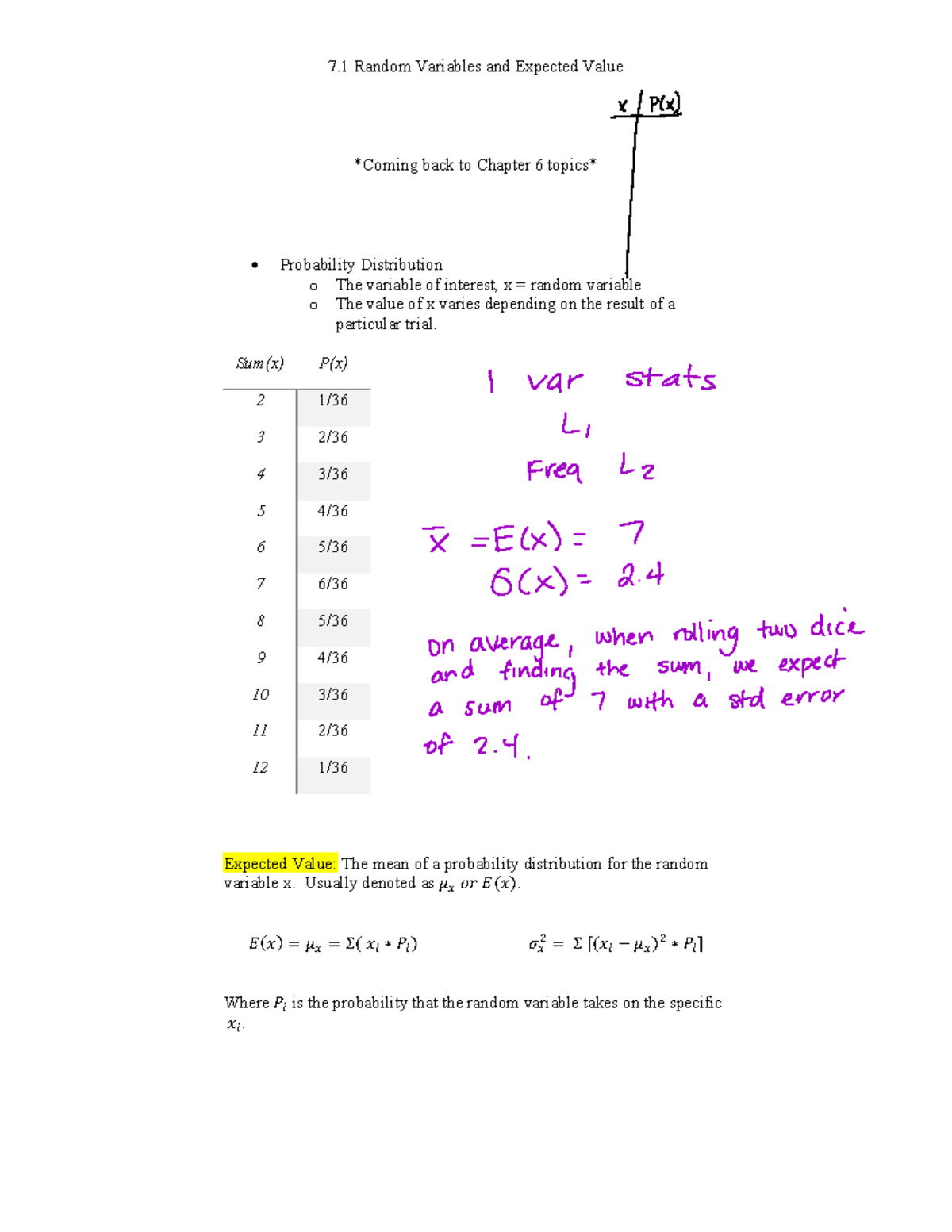7.1 Expected Value and Random Variables - Stats Notes - Studocu