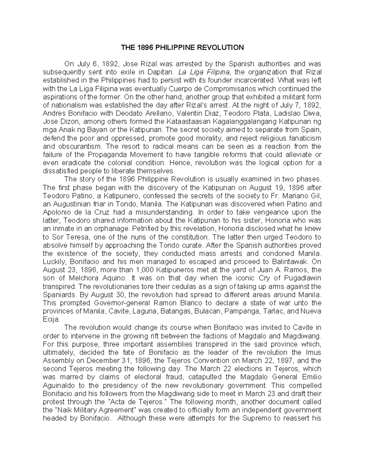 1896 Philippine Revolution: Key Events and Documents Analysis - Studocu