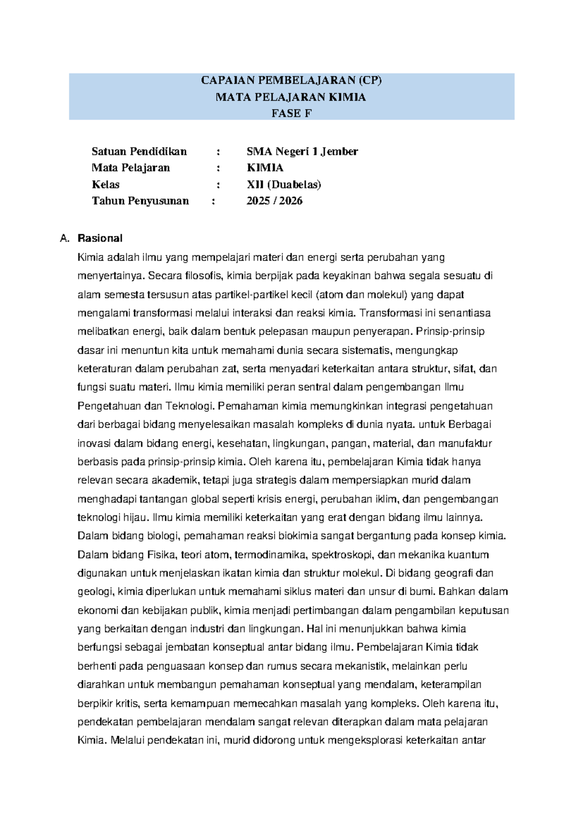 CP Capaian Pembelajaran Kimia Kelas XII FASE F Tahun 2025 - Studocu