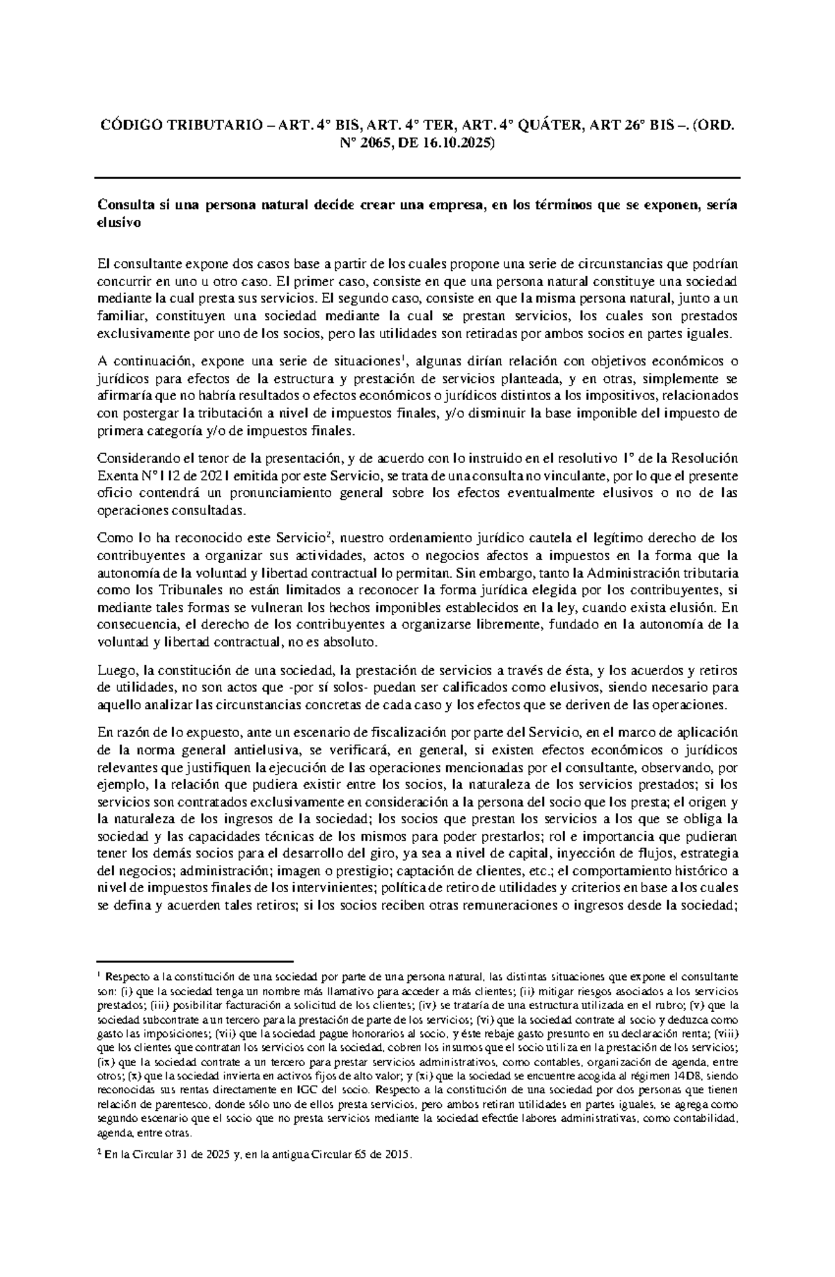 Oficio sobre Autonomía de la Voluntad y Elusión en el Cód. Tributario ...