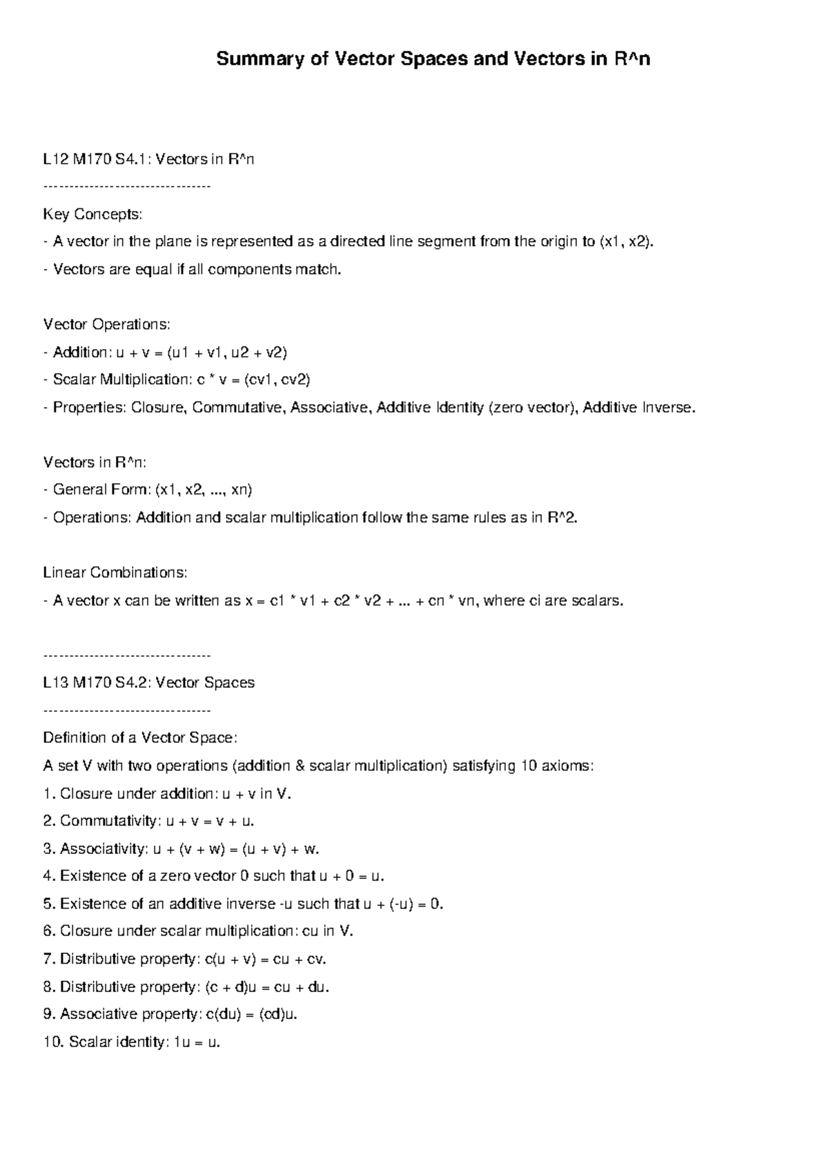 Vector spaces summary fixed - Summary of Vector Spaces and Vectors in R ...