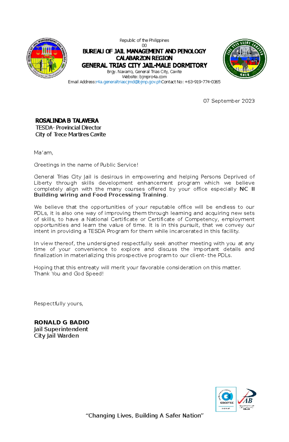 Tesda request letter - argadfgadg - Republic of the Philippines 00 ...