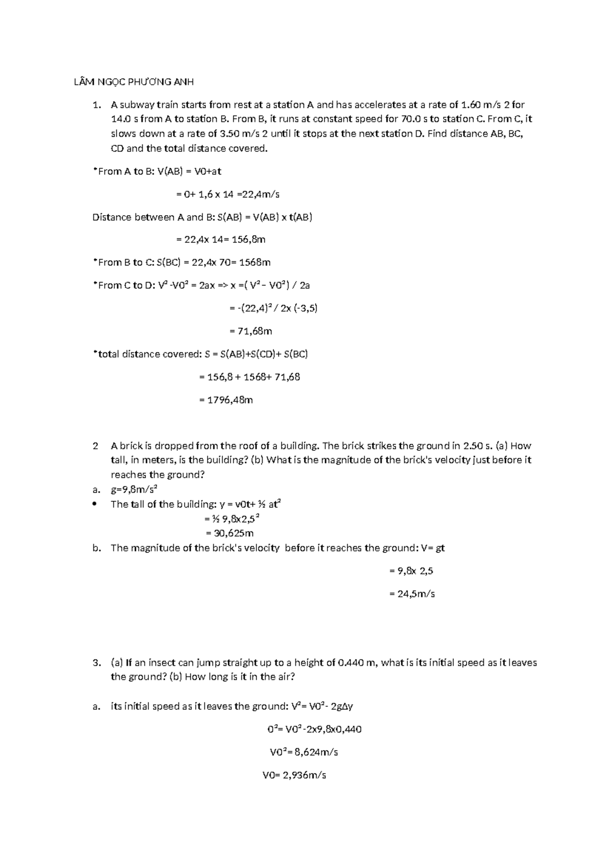 Physics 1 Homework - Motion and Free Fall Calculations (Bebeiu 25005 ...