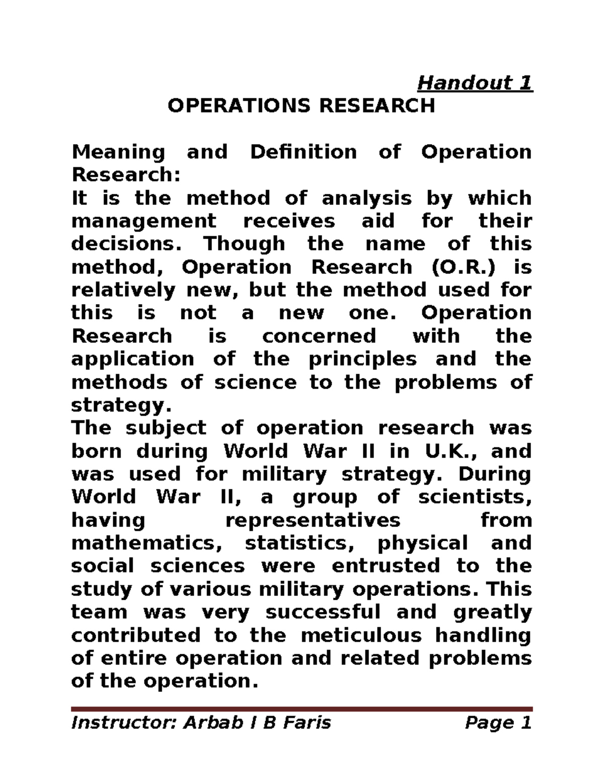 Handout 1: Understanding Operation Research - Meaning & Definition - Studocu