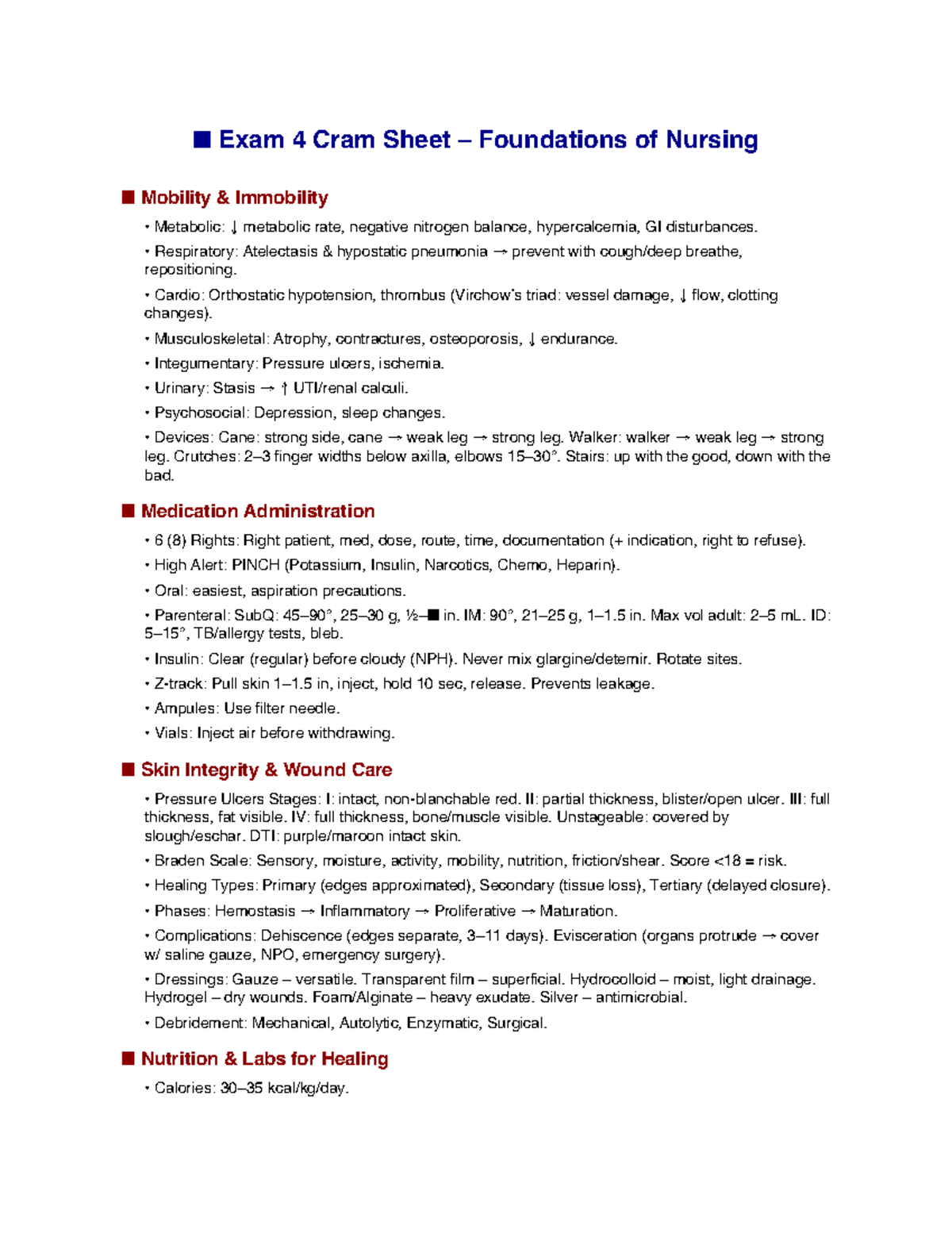 Foundations of Nursing Exam 4 Cram Sheet: Key Concepts & Review - Studocu