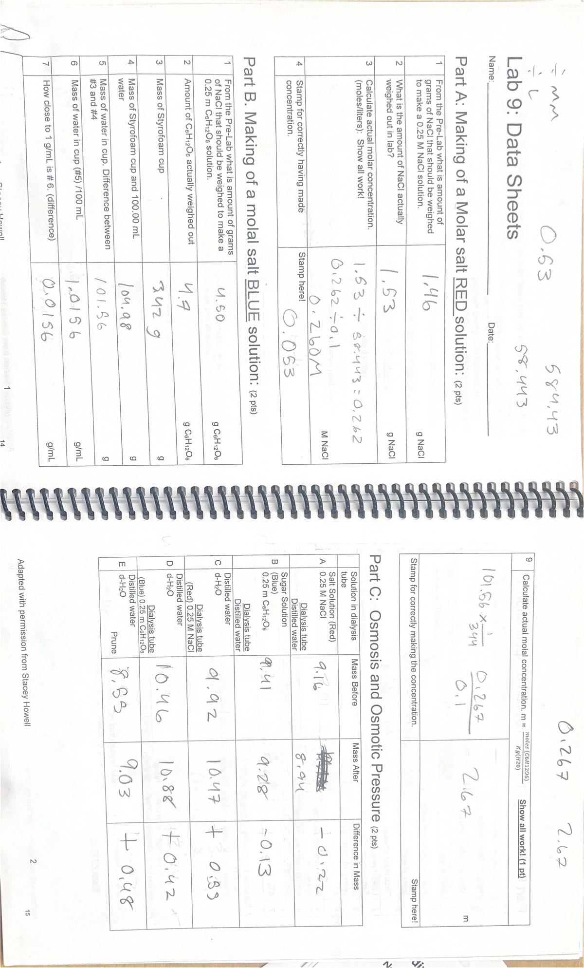 Lab 9: Data Sheets for Molar Concentration Calculations - Studocu