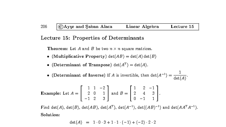 MATH1104C Linear Algebra Lecture 15: Properties of Determinants - Studocu