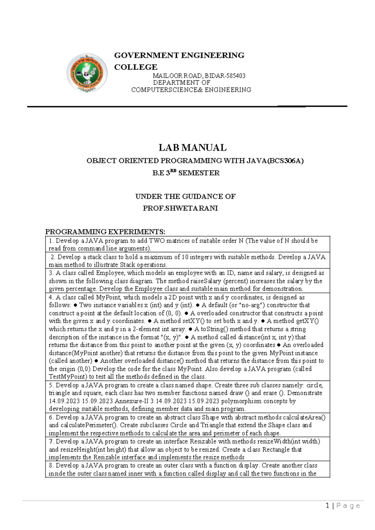 Java Lab Manual (BCS306A) - 12 Programming Experiments for 3rd Sem ...