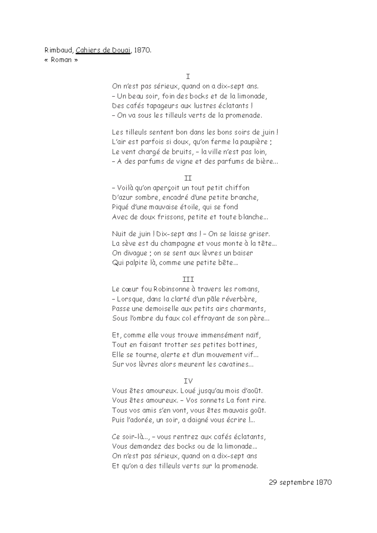 Analyse Littéraire: "Roman" de Rimbaud dans les Cahiers de Douai - Studocu