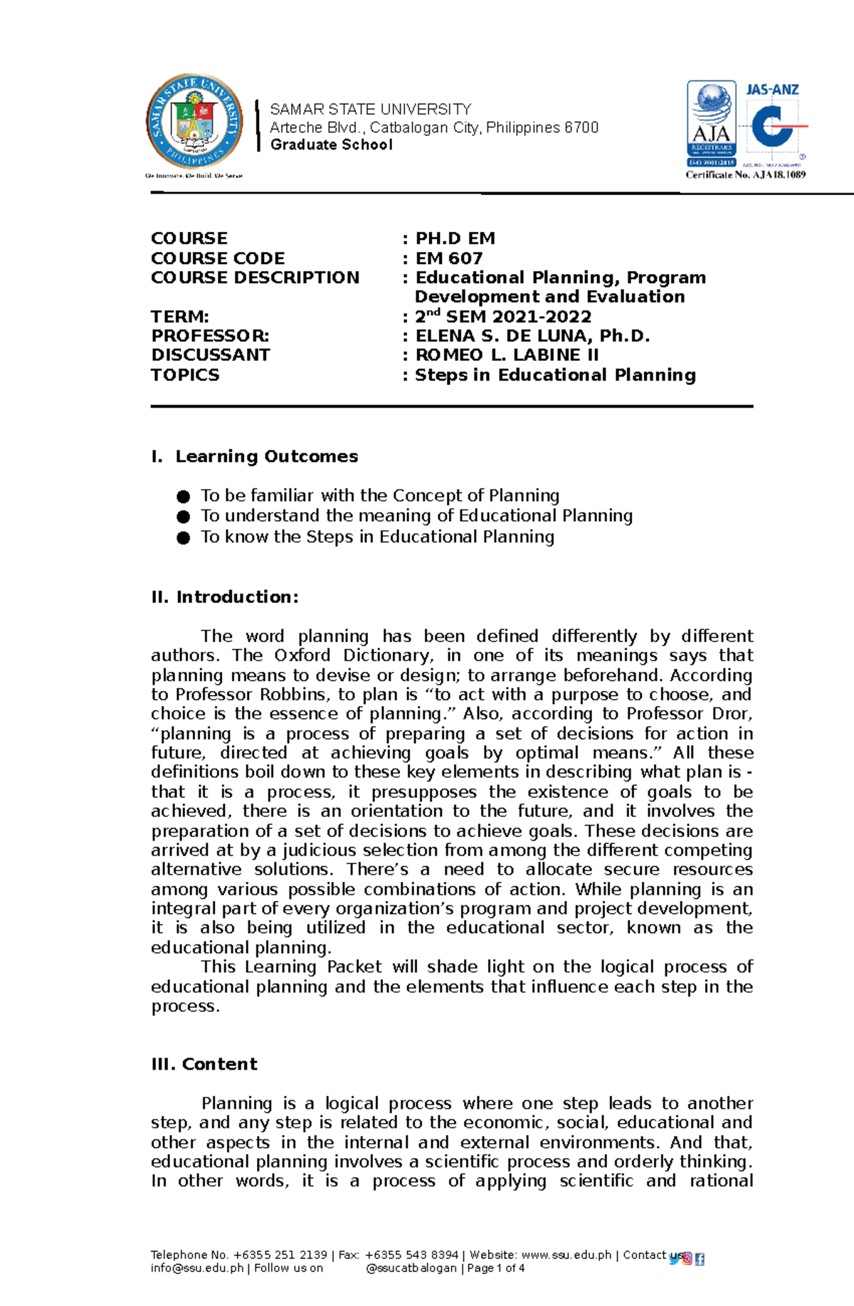 LP Topic 5 Steps in Educational Planning Labine, Romeo II L - SAMAR ...