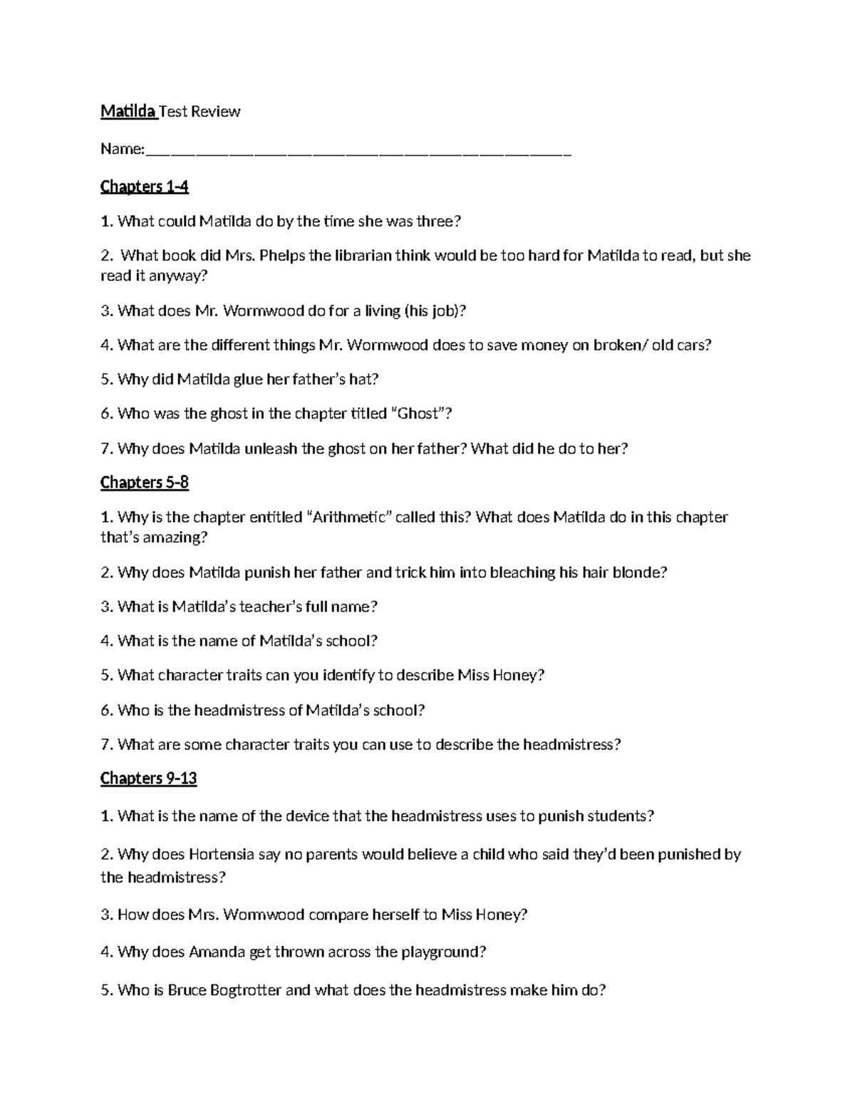 Matilda Novel Review Questions by Chapter (Chapters 1, 5, 9) - Studocu