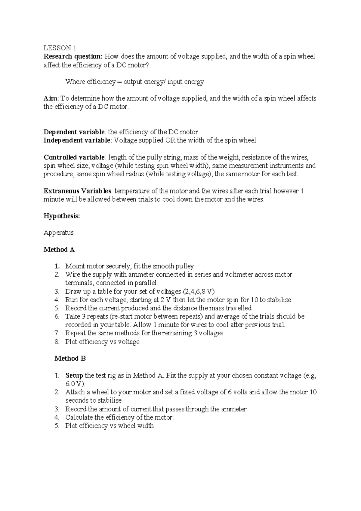 Lesson 1: Investigating DC Motor Efficiency - Physics SAC Logbook - Studocu