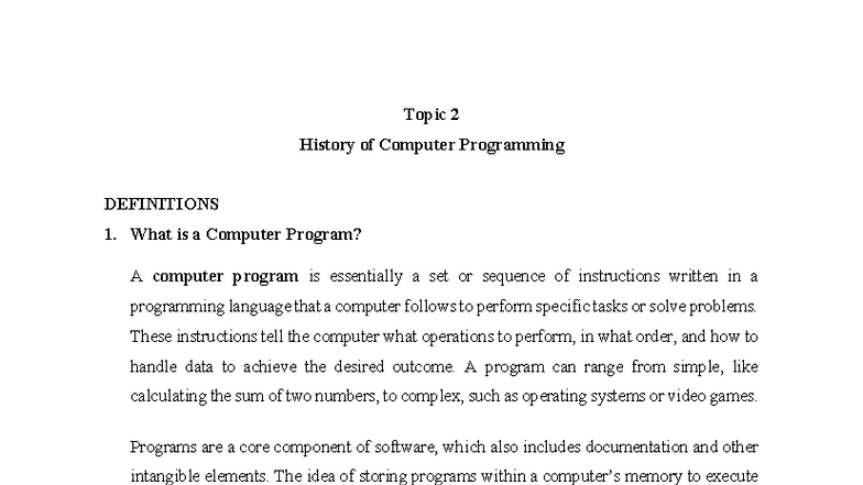 Topic 2: History of Computer Programming and Key Definitions - Studocu