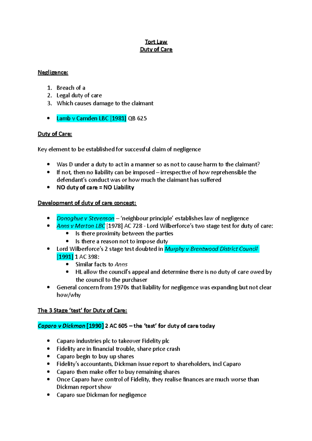 Tort Law- duty of care - lecture notes - LW108-4-AU-CO - Essex - Studocu