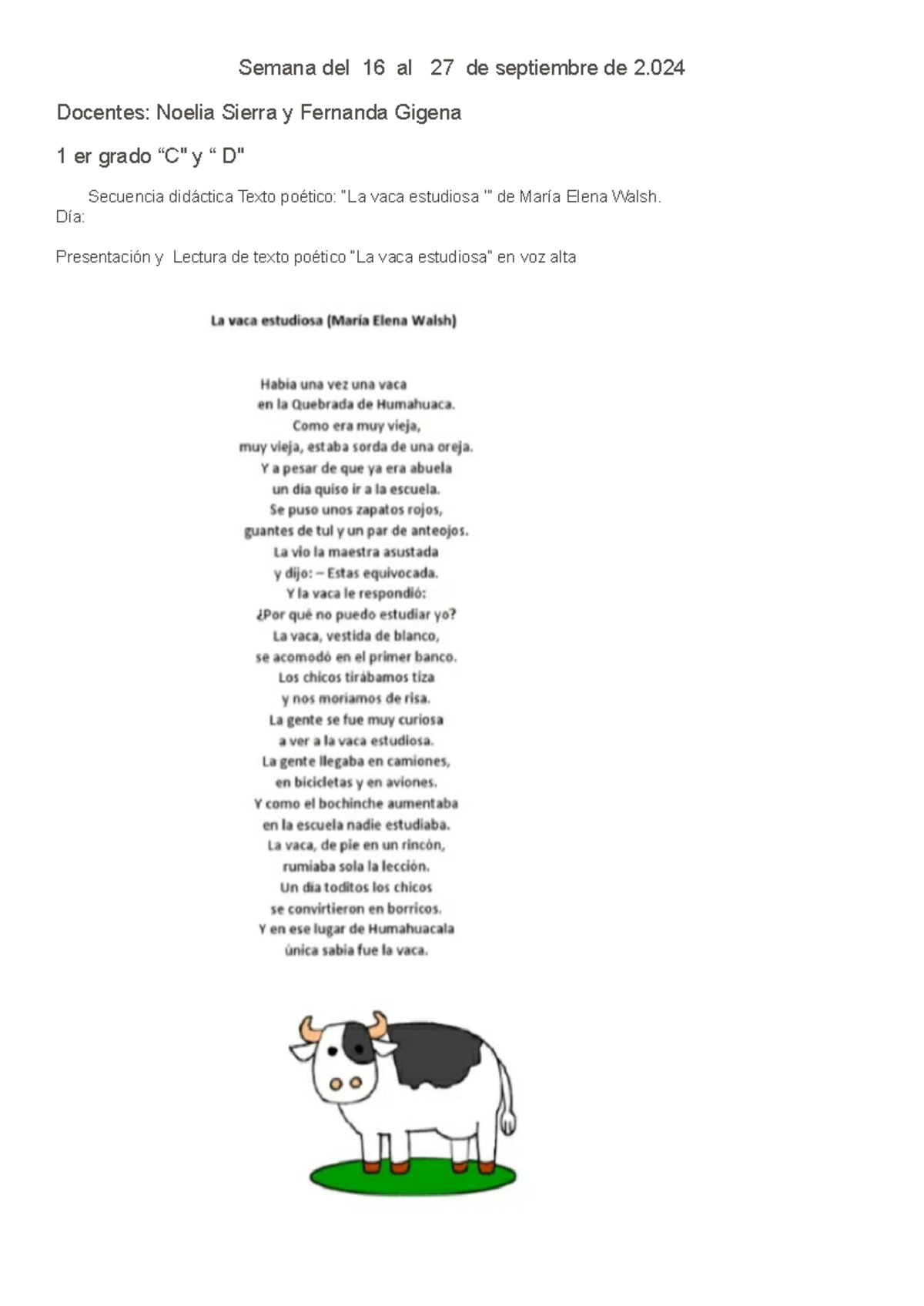 Secuencia Didáctica: La Vaca Estudiosa - 1er Grado "C" y "D" - Studocu