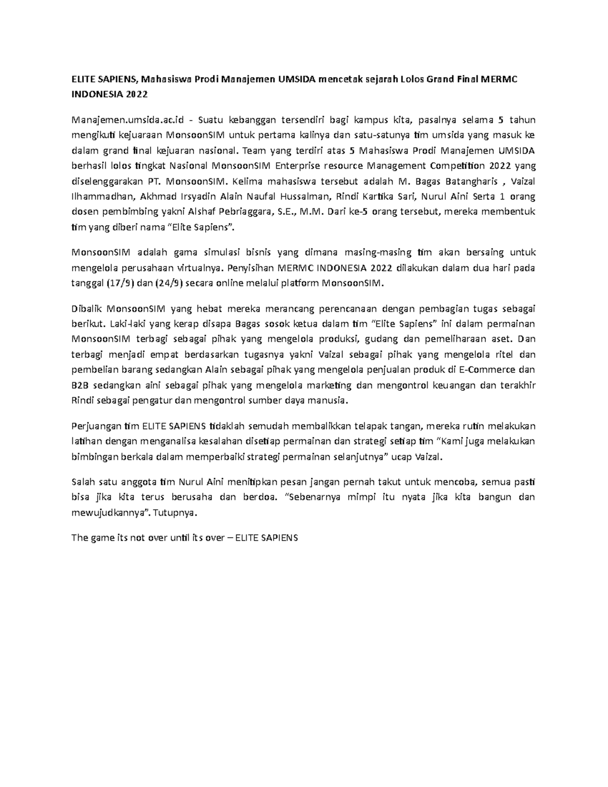 Prestasi Elite Sapiens di Grand Final MERMC Indonesia 2022 - Studocu