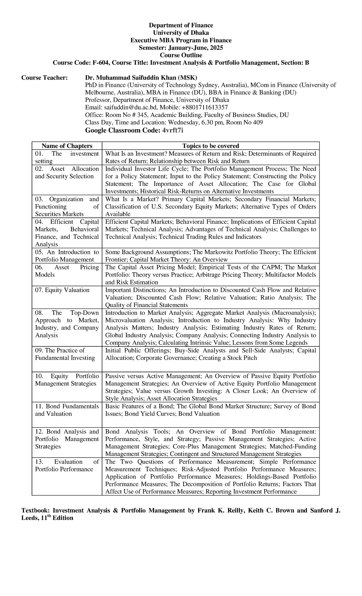 Course Outline: Investment Analysis & Portfolio Management EMBA Jan-Jun ...