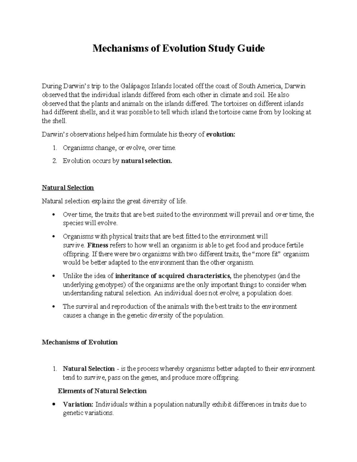 Mechanisms of Evolution Study Guide: Natural Selection & Genetic Drift ...